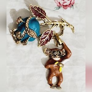 Jewelry | New Monkey Brooch Pin Moves Turquoise Rose Crystals Sparkly ...